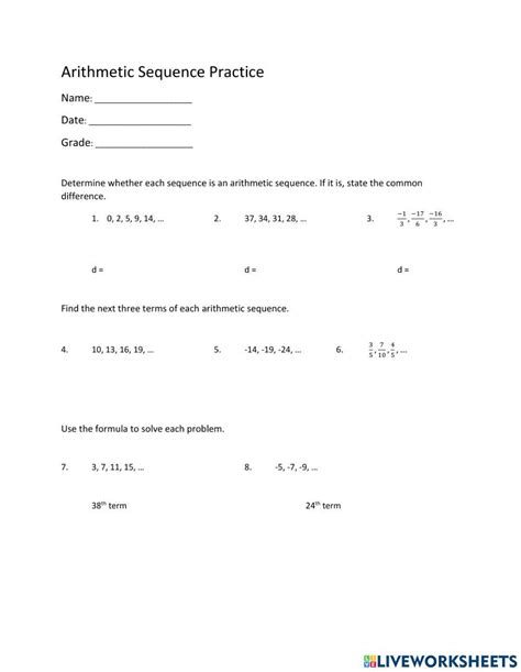 Arithmetic Sequences Online Exercise For Live Worksheets