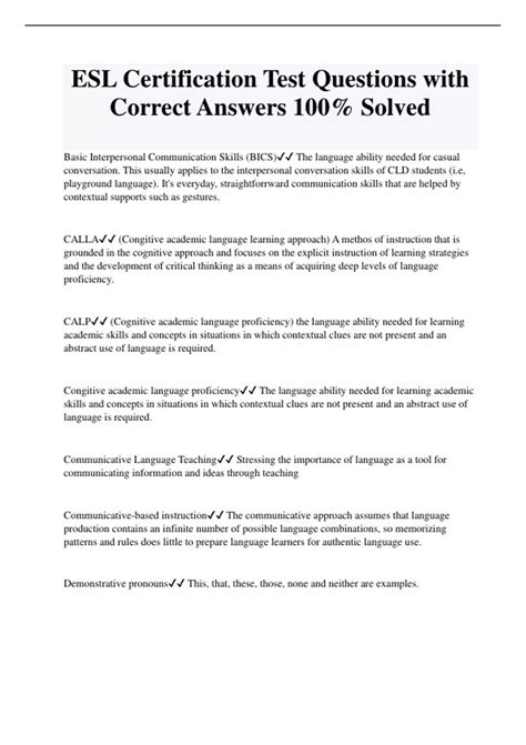 Esl Certification Test Questions With Correct Answers 100 Solved Esl Stuvia Us