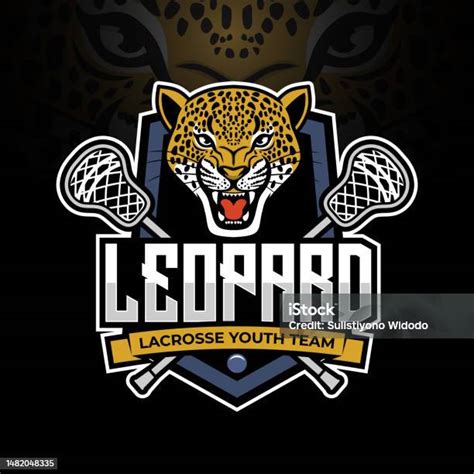 라크로스 팀 디자인을 위한 레오파드 마스코트 쉴드 스틱 라크로스 볼의 조합과 현대적인 일러스트레이션 라크로스에 대한 스톡 벡터
