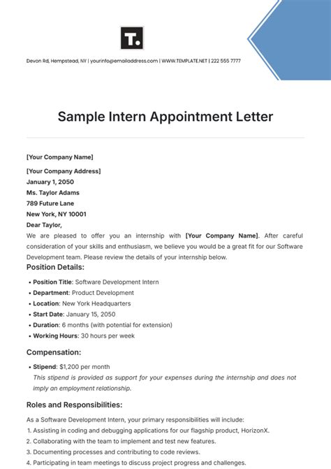 Free Sample Intern Appointment Letter Template To Edit Online