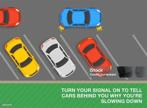 안전한 주차 요령 및 규칙 각진 주차된 자동차의 평면도 신호를 켜서 뒤에 오는 차에 속도를 줄이는 이유를 알리십시오 가까이 옴에 대한 스톡 벡터 아트 및 기타 이미지