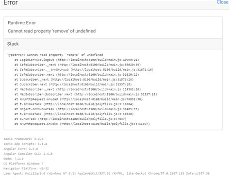 Ionic Framework Runtime Error Cannot Read Property Remove Of