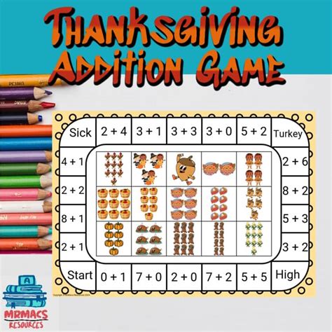 Thanksgiving Addition Math Game 1st And 2nd Grade One Digit Numbers