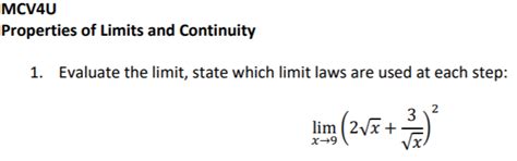 solved mcv4u properties of limits and continuity 1 evaluate