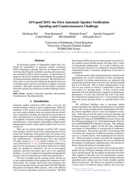 Pdf Asvspoof 2015 The First Automatic Speaker Verification Spoofing And Countermeasures Challenge