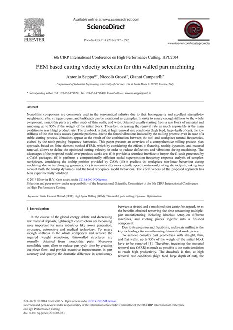 Pdf Fem Based Cutting Velocity Selection For Thin Walled Part Machining