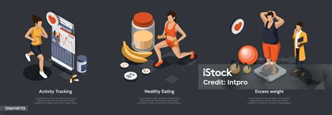 최고의 건강 한 라이프 스타일의 개념 캐릭터는 건강 성능 건강한 식사 먹기 운동 의 모니터링 비늘에 과잉 무게를 감소 하는 남자와 여자 등대 측정 3d 벡터 일러스트레이션