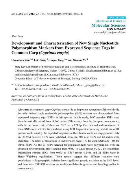 Pdf Development And Characterization Of New Single Nucleotide Polymorphism Markers From