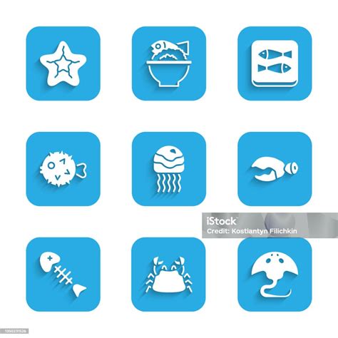 해파리 게 가오리 랍스터 또는 게 발톱 생선 해골 고슴도치 통조림 및 불가사리 아이콘을 설정합니다 벡터 갈고리 발톱에 대한 스톡