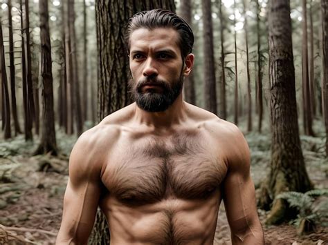 Chico Peludo Con Vello Facial Sin Camisa Y Musculoso En El Bosque