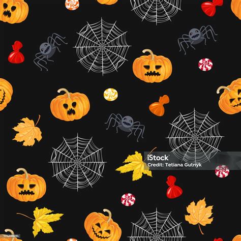 할로윈 원활한 패턴입니다 거미 무서운 호박 거미줄 가을 노란색과 오렌지 낙엽 어두운 배경에 사탕과 과자 만화 간단한 평면 스타일의 벡터 휴일 일러스트 레이션 10월에 대한