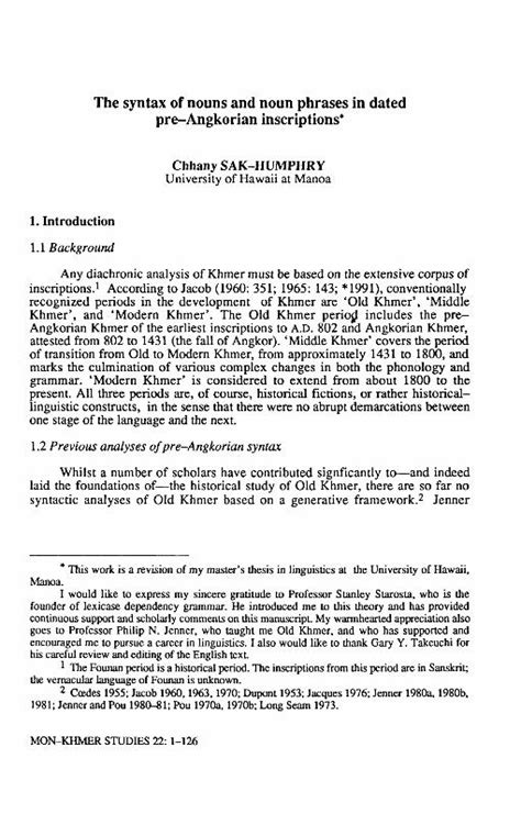 Pdf The Syntax Of Nouns And Noun Phrases In Dated Pre · Old Khmer