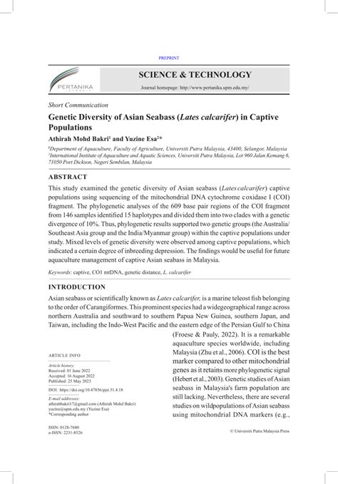 Pdf Genetic Diversity Of Asian Seabass Lates Calcarifer In Captive Populations