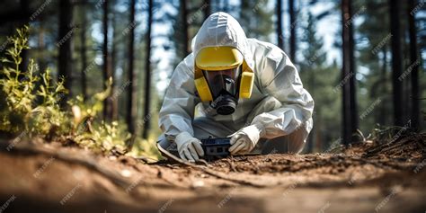 Premium Photo Forensic Criminologist In Protective Gear Examines Crime Scene For Evidence