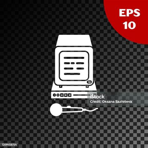 투명 한 어두운 배경에 격리 된 흰색 노래방 아이콘입니다 마이크 와 모니터 벡터 일러스트레이션 가수에 대한 스톡 벡터 아트 및