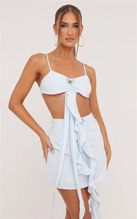 Strappy Frill Detail Butterfly Bralet And High Waist Mini Skirt Co Ord