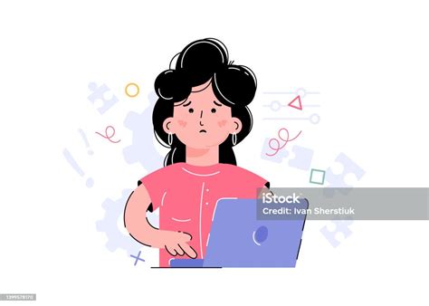 혼란스러운 소녀는 컴퓨터에서 일합니다 프리젠 테이션 응용 프로그램 및 웹 사이트의 디자인을위한 요소 트렌드 그림 개념에 대한 스톡 벡터 아트 및 기타 이미지 Istock