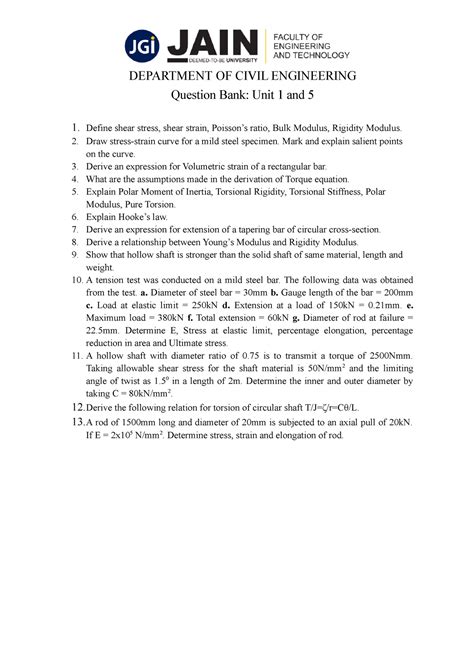 Question Bank Unit 1 And 5 Department Of Civil Engineering Question Bank Unit 1 And 5 1