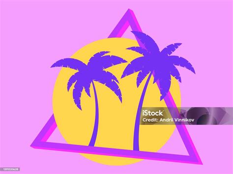 일몰에 80 년대 야자수 여름 시간 복고풍미래의 태양 신디웨이브와 레트로웨이브 스타일 광고 브로셔 배너 및 포스터 디자인 벡터 일러스트레이션 산에 대한 스톡 벡터 아트 및