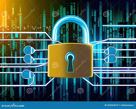 Cybersecurity Lock And Digital Data Streams On A Technology Background Stock Illustration