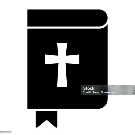 거룩한 성경 단단한 아이콘입니다 십자 기호와 책갈피가 있는 수첩 법학 디자인 컨셉 글리프 스타일 픽토그램 흰색 사용 및 앱