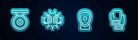 세트 라인 공 권투 장갑에 펀치 권투 훈련 발 및 빛나는 네온 아이콘입니다 벡터 경쟁에 대한 스톡 벡터 아트 및 기타 이미지 경쟁 권투 글러브 권투 스포츠 Istock