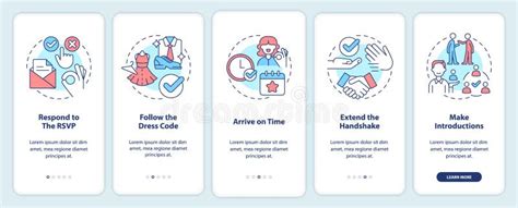 Common Business Event Etiquette Rules Onboarding Mobile App Screen Stock Vector Illustration
