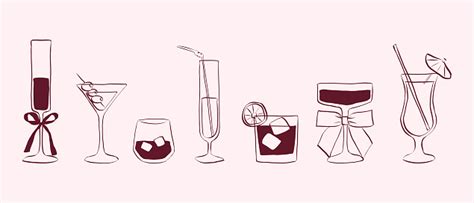 시원한 음료와 칵테일 손으로 그린 요염한 그림 리본과 리본이 달린 귀여운 안경은 크레용과 스케치 스타일의 메뉴입니다 낙서 윤곽 벡터 일러스트 레이 션 마티니잔에 대한 스톡
