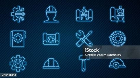 라인 작업자 안전 헬멧 기어 및 화살표를 워크 플로로 설정 그래프 종이 나침반 기어 사용 설명서 알고리즘 드라이버 렌치 스패너