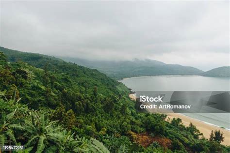 랑 코 해변의 파노라마 장면 하이 반 산에서 색조 다 낭 베트남 해변에서 철도를 타고 이동하는 기차의 놀라운 풍경 녹색 숲과 자연의 좋은 전망 바다에 파도 0명에 대한 스톡