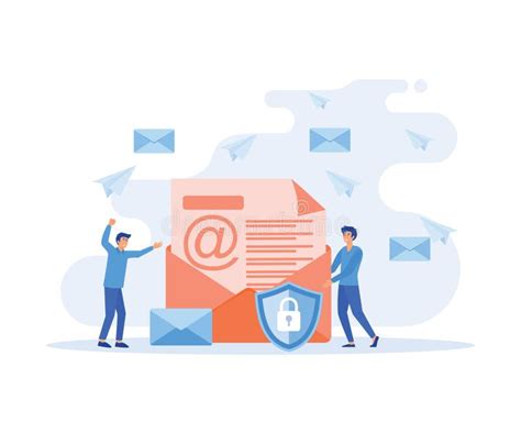 Secure Encrypted Messages Emails Two People Stand Near Big Envelope Letter With Shield