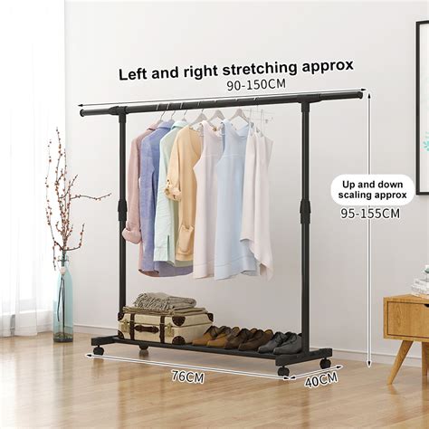Extendable Clothes Rack With Wheels Double Pole Metal Clothes Hanger