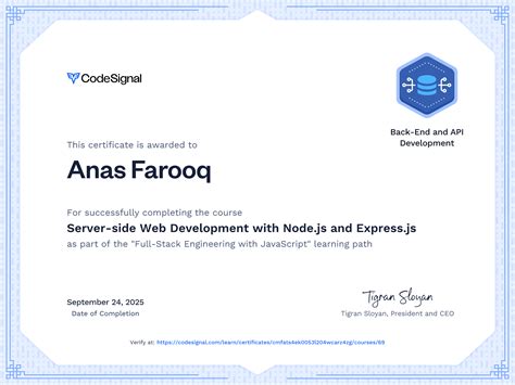 Course Certificate For Server Side Web Development With Nodejs And