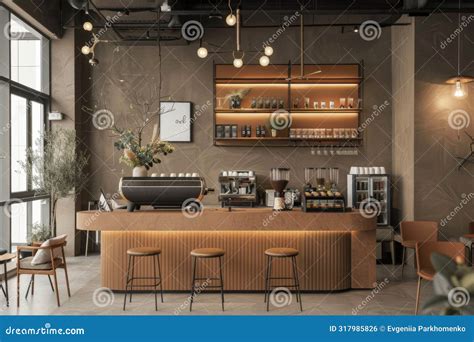 Modern Minimalist Cafe Interior With Elegant Wooden Bar And Ambient