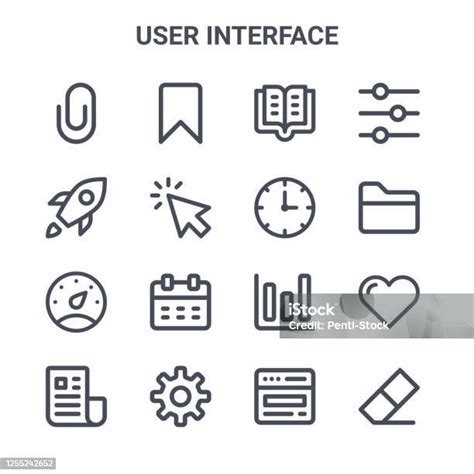 16 개의 사용자 인터페이스 개념 벡터 라인 아이콘 세트입니다 책갈피 로켓 폴더 통계 설정 지우개 웹 브라우저 시계 사용자 정의와 같은 64x64 얇은 스트로크 아이콘 0