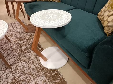 Mandala Design C Shape Couch Table White Walnut Round Computer Table Wooden Modern Sofa Side