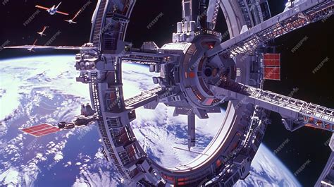Futuristic Space Station Orbiting Earth Premium Ai Generated Image