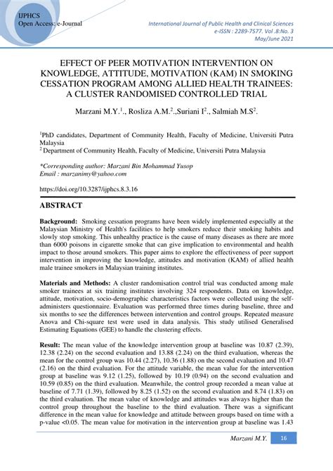 Pdf Effect Of Peer Motivation Intervention On Knowledge Attitude Motivation Kam In Smoking