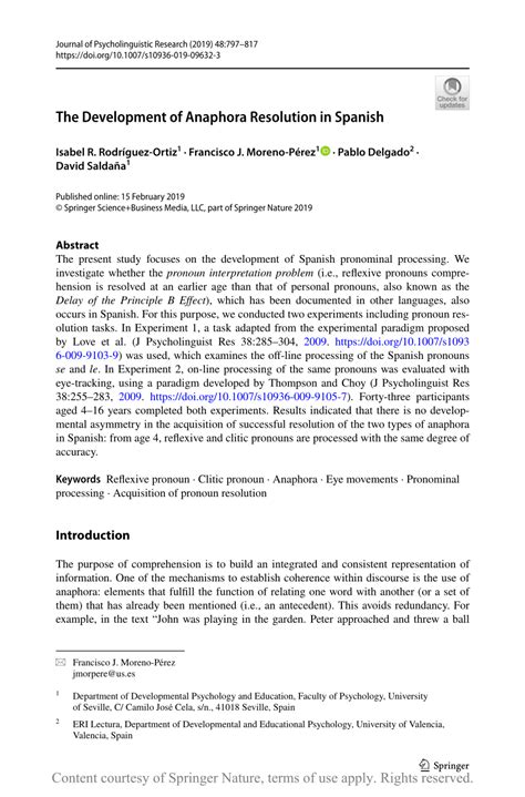 The Development Of Anaphora Resolution In Spanish Request Pdf
