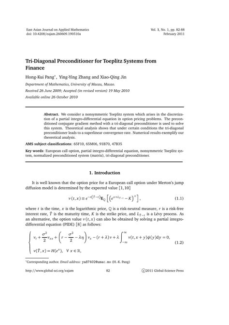 Pdf Tri Diagonal Preconditioner For Toeplitz Systems From Finance