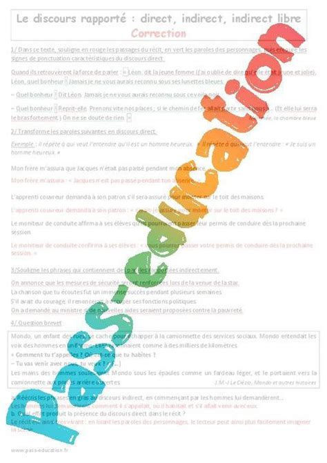 Direct indirect indirect libre 3ème Exercices sur les discours