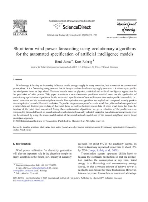 Pdf Short Term Wind Power Forecasting Using Evolutionary Algorithms For The Automated