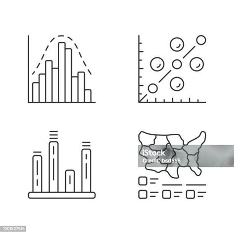 Diagram Yang Ditetapkan Ikon Linear Histogram Grafik Batang Plot Sebuk Kartogram Data Statistik