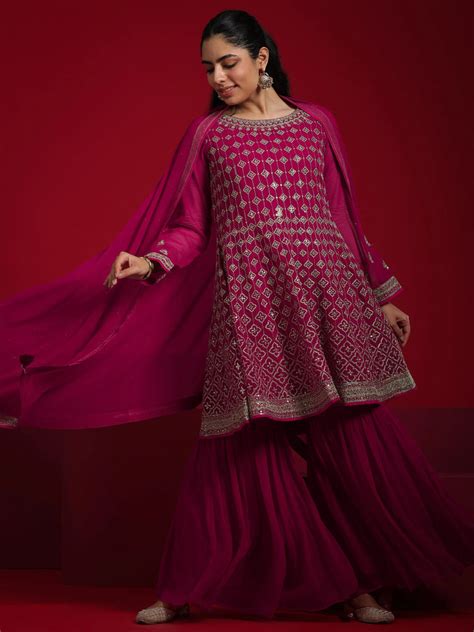 Buy Libas Art Pink Embroidered Georgette A Line Sharara Suit Set With