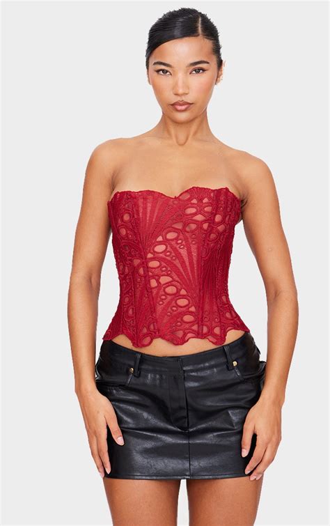 Burgundy Textured Sheer Floral Lace Corset Tops Plt Ca