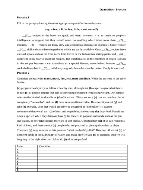 Quantifiers Practice Pdf Healthy Diet Cuisine