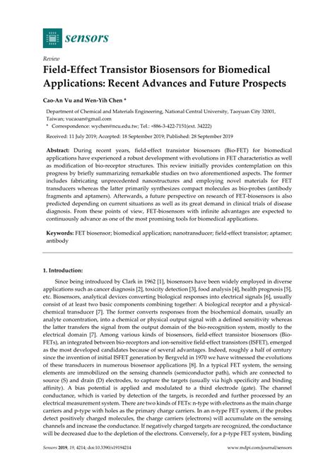 Pdf Field Effect Transistor Biosensors For Biomedical Applications Recent Advances And Future