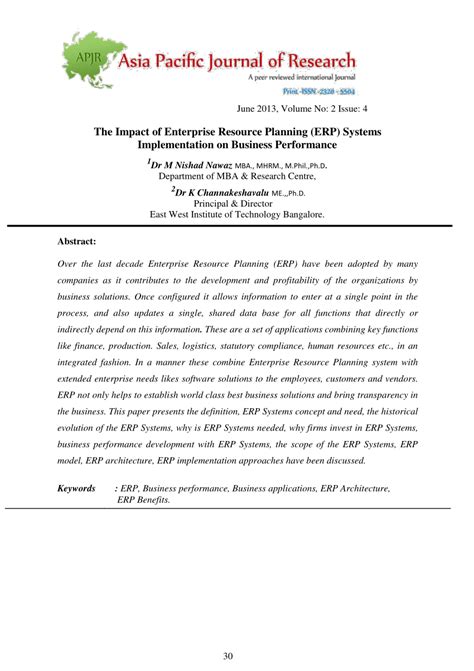 Pdf The Impact Of Enterprise Resource Planning Erp Systems Implementation On Business