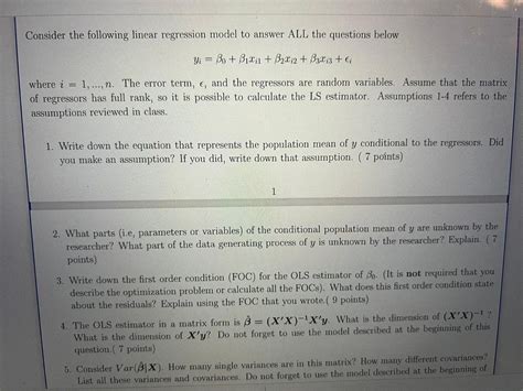 Consider The Following Linear Regression Model To Chegg
