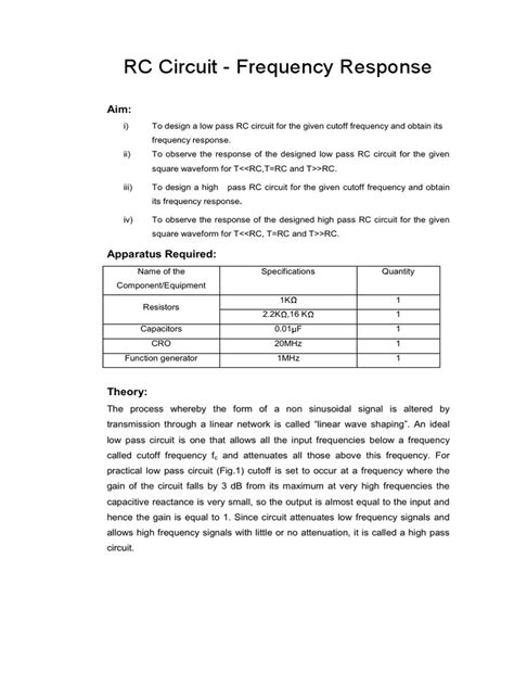 Rc Circuit Frequency Esponse Pdf Low Pass Filter Electrical Network